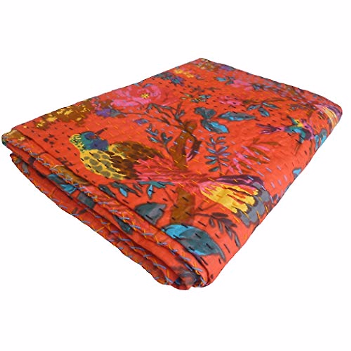 MAVISS HOMES Indian Handmade Bird Print Queen Kantha Quilt | Pure Cotton Vintage Kantha Throw Blanket/Quilt | Super Soft Cozy Vibe Blanket; Red