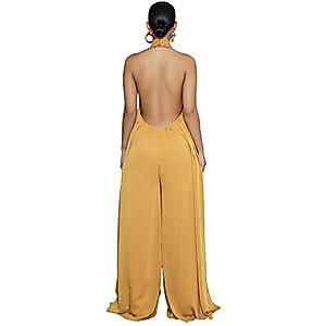 CHARTOU Women's Elegant Loose Fit Chiffon Halter Neck Backless Wide Leg Jumpsuit (Large,Yellow)