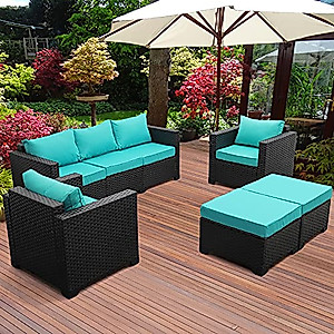 Outdoor Wicker Furniture Couch Set 5 Pieces, Patio Furniture Sectional Sofa with Turquoise Cushions and Furniture Covers, Black Rattan