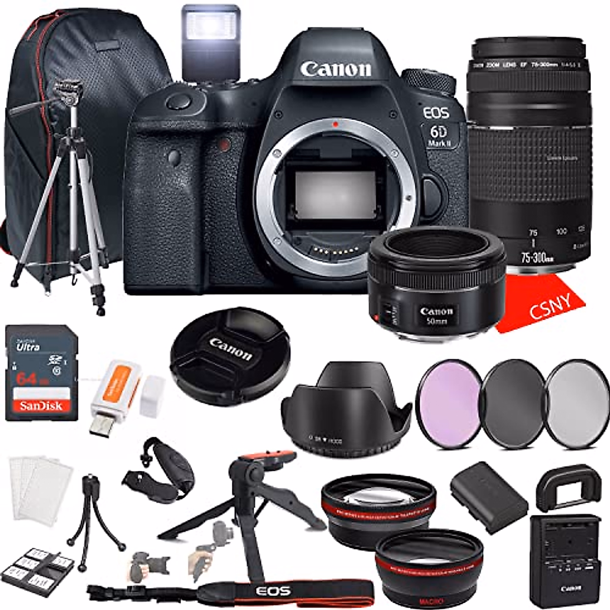 Canon EOS 6D Mark II DSLR Camera w/EF 50mm F/1.8 STM Lens + 75-300mm F/4-5.6 III Lens + 64GB Memory + Back Pack Case + Tripod, Lenses, Filters, & More (28pc Bundle)