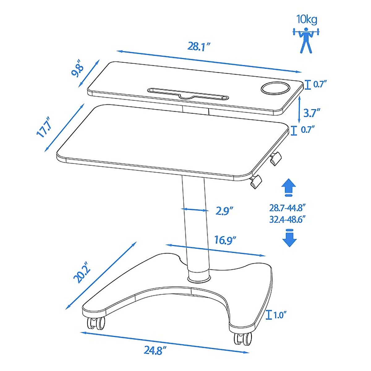 TORRAINAKE Dual Tiered Mobile Standing Desk with Cup Holder and Tilting Podium, Portable Sit Stand Lectern with Height Adjustments and Rolling Base for Small Spaces - Brown.