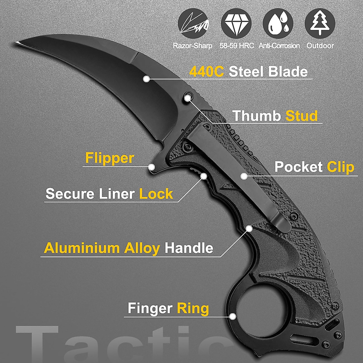 MADSABRE Claw Knife Cool Pocket Knife for Men - 8.5 Inch Large Camping Folding Knives with Clip Hunting Hiking Survival EDC Foldable Knife (Black)