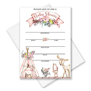 Yuzioey Boho Woodland Baby Shower Invitations, 25 Pack Girl Woodland Invitations Macthing Envelpoes, Diaper Raffle Tickets, Book Request Cards, Pink Teepee Woodland Creatures Invitations
