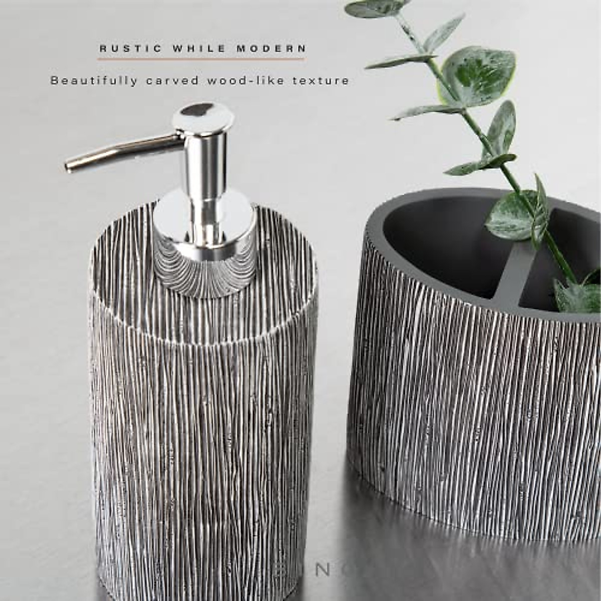 BINO Bathroom Accessories Set - Grey | Soap Dispenser | Toothbrush Holder | Tumbler | 3-Piece Bathroom Organizer Countertop Set | Bathroom Decor | Home Decor | Bathroom Set