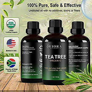 Tea Tree Essential Oil by Fiora Naturals- 100% Pure Organic Oil, for Face, Hair, Skin, Acne, Scalp, Foot and Toenails. Melaleuca Alternifolia, 1 oz /30ml