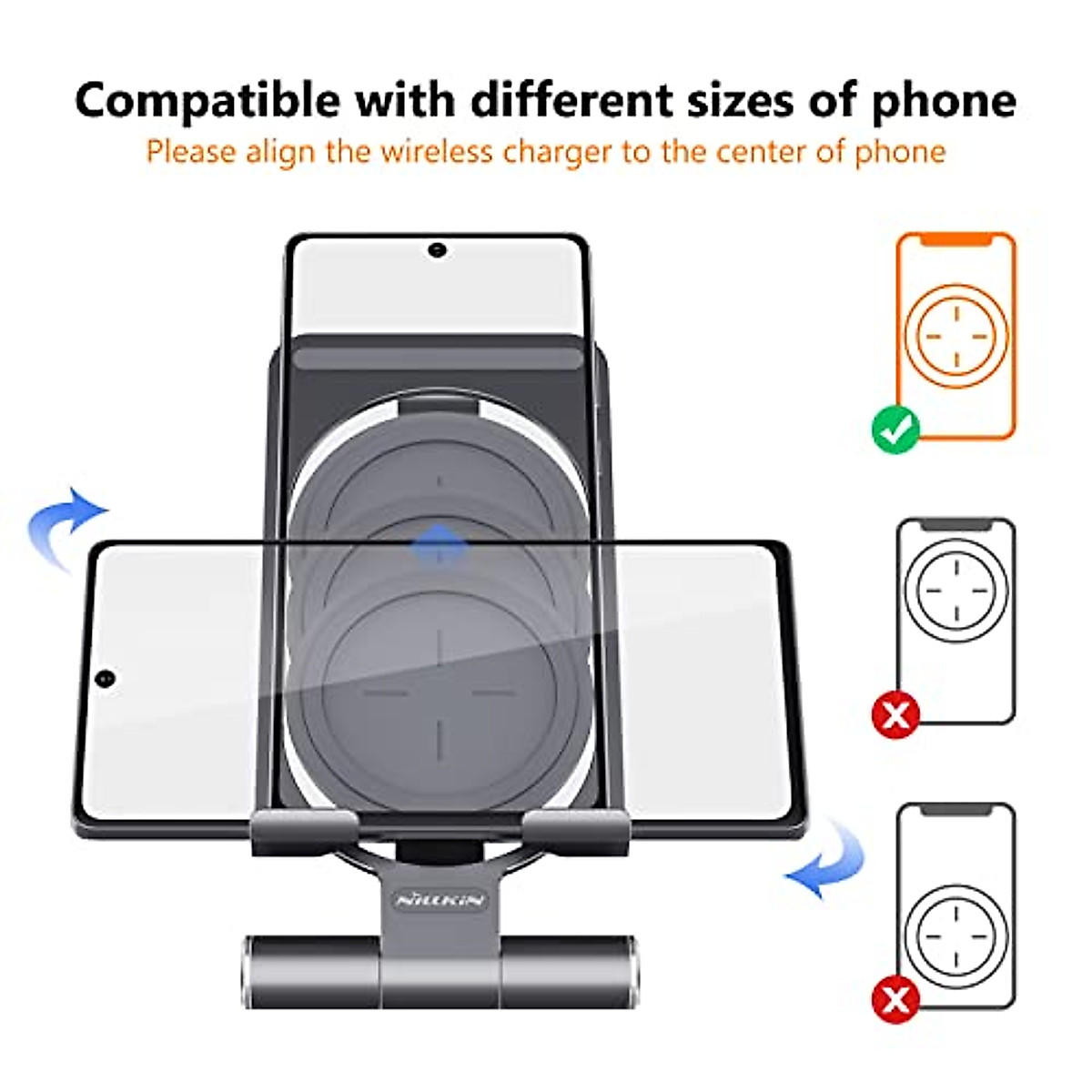Nillkin Fast Wireless Charger Stand Adjustable - Qi Wireless Charging Stand for iPhone 15 14 13 12 pro max/Pro/Plus, Samsung Galaxy S23 S22 Ultra S21 Plus S20, Note 20/10+/9 and More, Gray