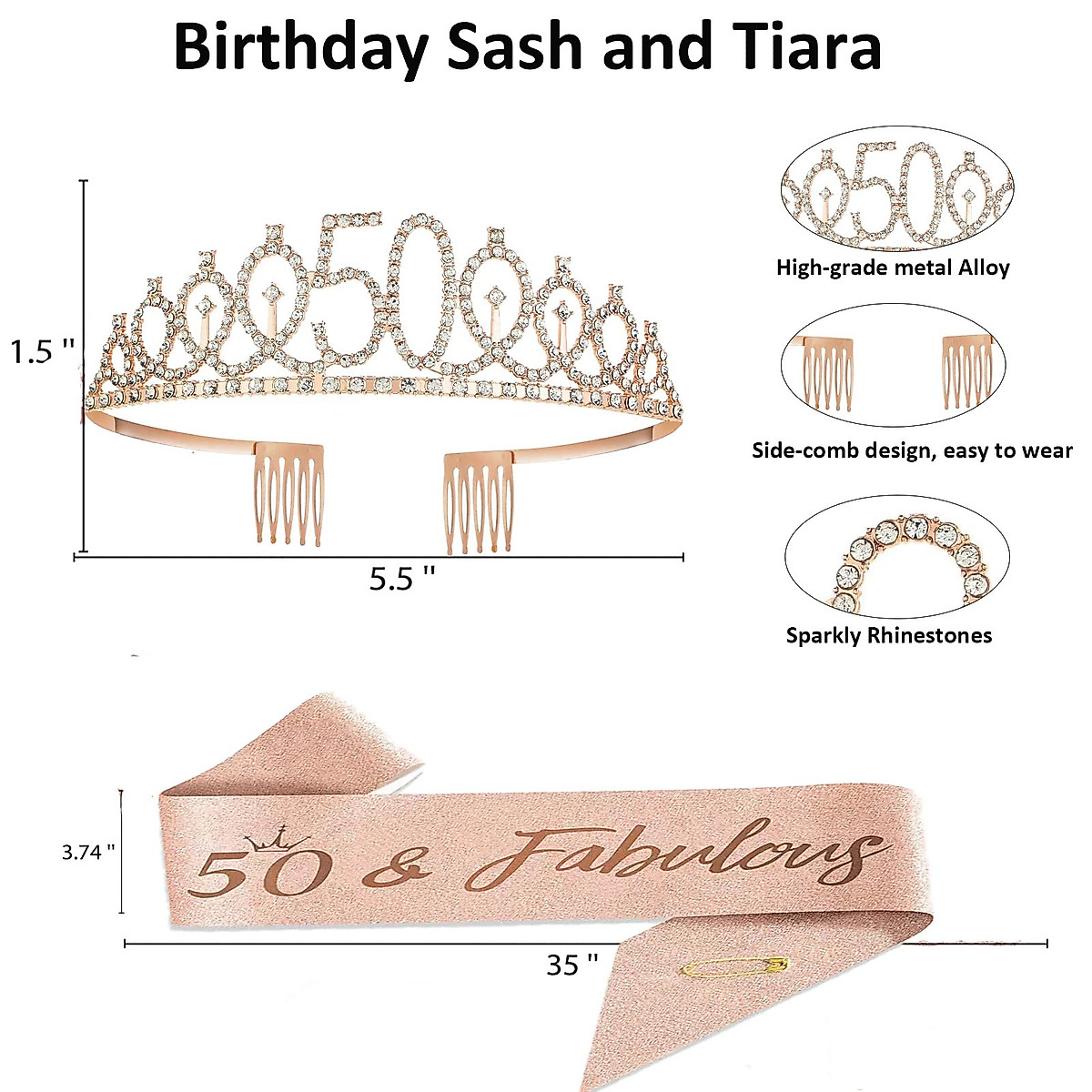 50th Birthday Decorations for Her, Rose Gold 50 and Fabulous Bday Decor for Woman, Happy Birthday Banner, Curtains, tablecloth, Cake Topper, Sash and Crown, Balloons Fifty Year Old Party