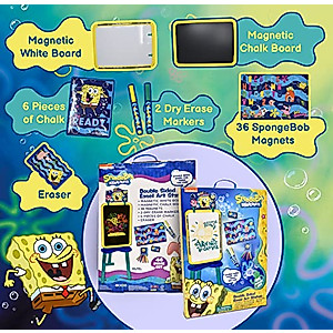 Spongebob Standing Art Easel for Kids, Toddler Drawing Dry Erase Magnetic Whiteboard, Chalkboard, Accessories and Number 1 in Service Tissue Pack (47 Pieces)