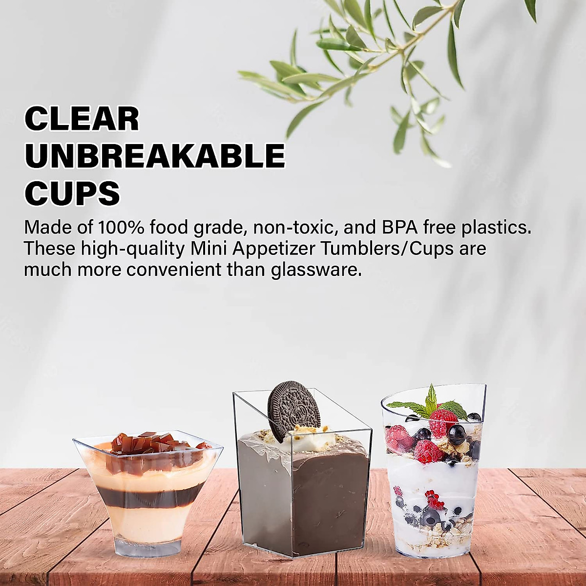 60 pack dessert cups of 3 oz, 2.5 oz and 2 oz. 3 varieties in size and shape also 20 of each shape perfect for appetizer, dessert and serving parties, plus FREE 60 spoons