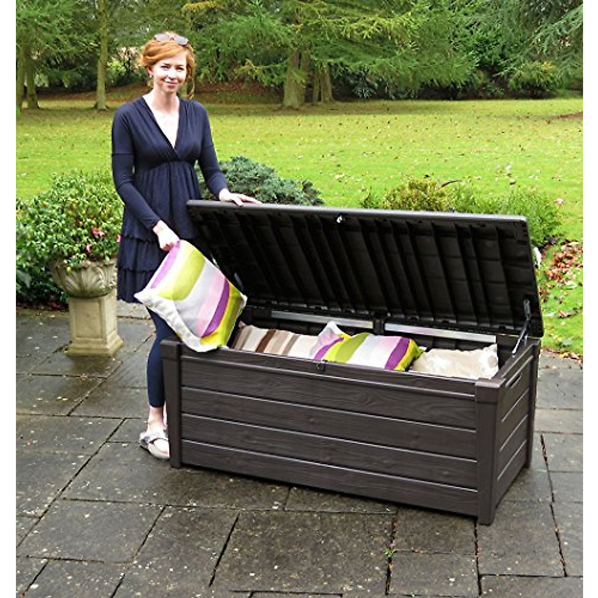 Keter Brightwood 120 Gallon Resin Large Deck Box for Patio Garden Furniture, Outdoor Cushion Storage, Pool Accessories, and Toys, Grey