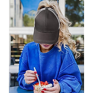 Lvaiz Womens Distressed Ponytail Baseball Cap Mesh Back American Flag Ponycaps Washed Dad Hat with Ponytail Hole Mesh Grey