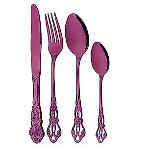 JANKNG Mirror Polished Purple Silverware Set, 24-Piece 18/10 Stainless Steel Shiny Finish Flatware Set Service for 6, Kitchen Utensil Set, Tableware Cutlery Set for Home and Restaurant Dishwasher Safe