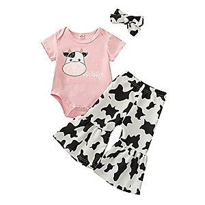 Infant Newborn Baby Girls Outfit Cow Words Prints Short Sleeve Tops Bell Bottom Pants Headband 3pcs Set Outfits New Baby Pink