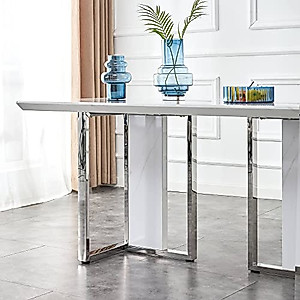 Goderfuu White Marble Dining Table for 8 People - 71 inch Modern Kitchen Dining Room Table with Silver Base, Faux Marble Dining Table Pedestal Table Dinner Table, Large Marble Table for Dining Room