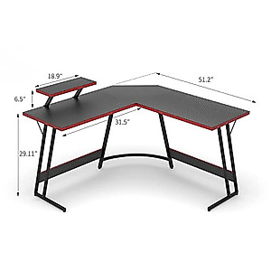 Devoko L Shaped Gaming Desk 51 Inch Computer Corner Table Home Office Desk Gamer Table with Large Monitor Riser Stand Carbon Fibre Surface (Black)