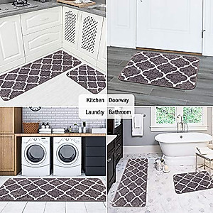 Carvapet 2 Pieces Kitchen Rugs and Mats Set Absorbent Soft Microfiber Bath Mat Moroccan Trellis Non-Slip Kitchen Mat Doormat Runner Set, 17"x48"+17"x24", Grey