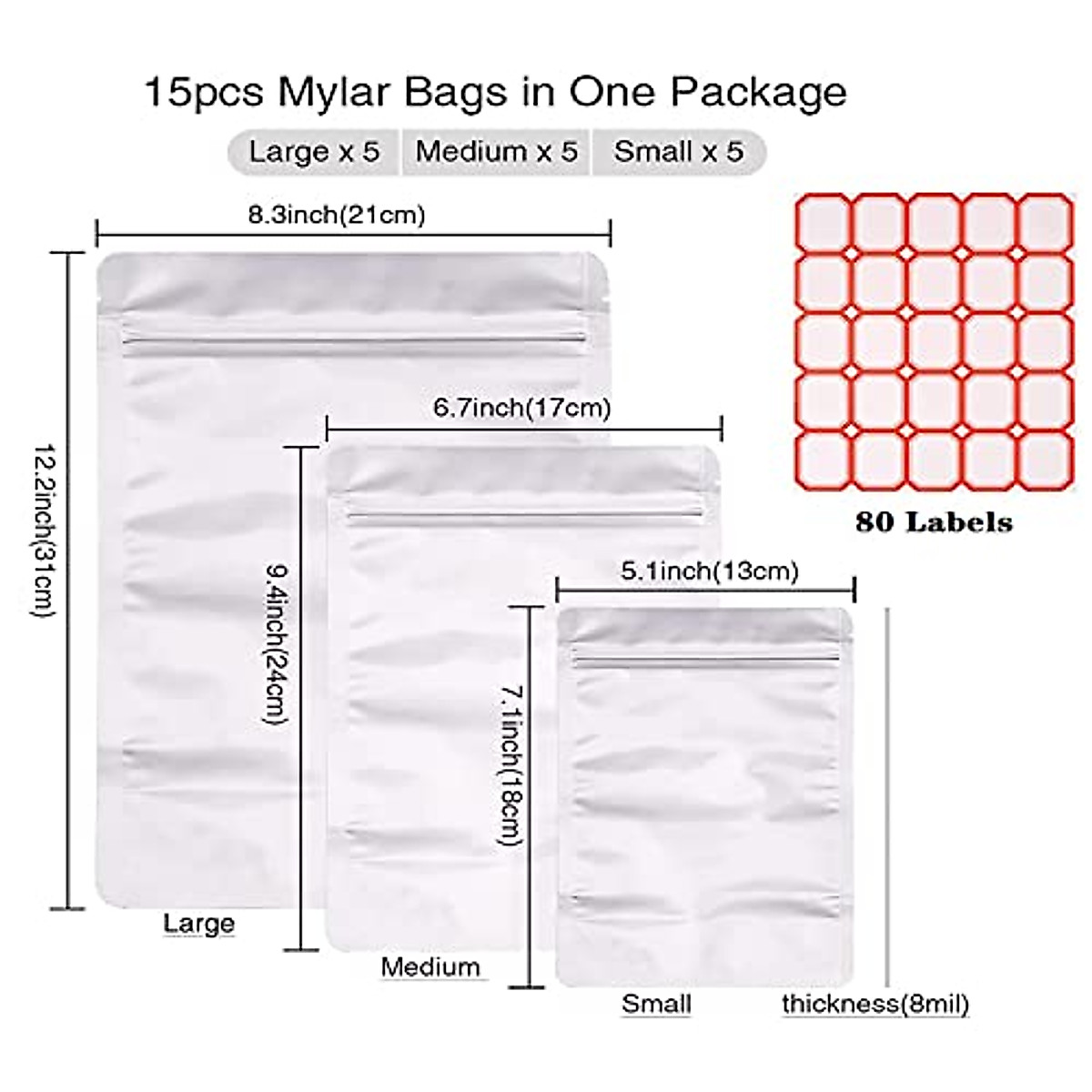3 Sizes Mylar Bags for Food Storage, Reusable Moisture-Proof Aluminum Bags for Packing, Ziplock-Open Mylar Foil Bags Airtight Vacuum Dry-Packs Foods Packing for Food Sample Tea Coffee Seeds Packing Storage(15 PCS)