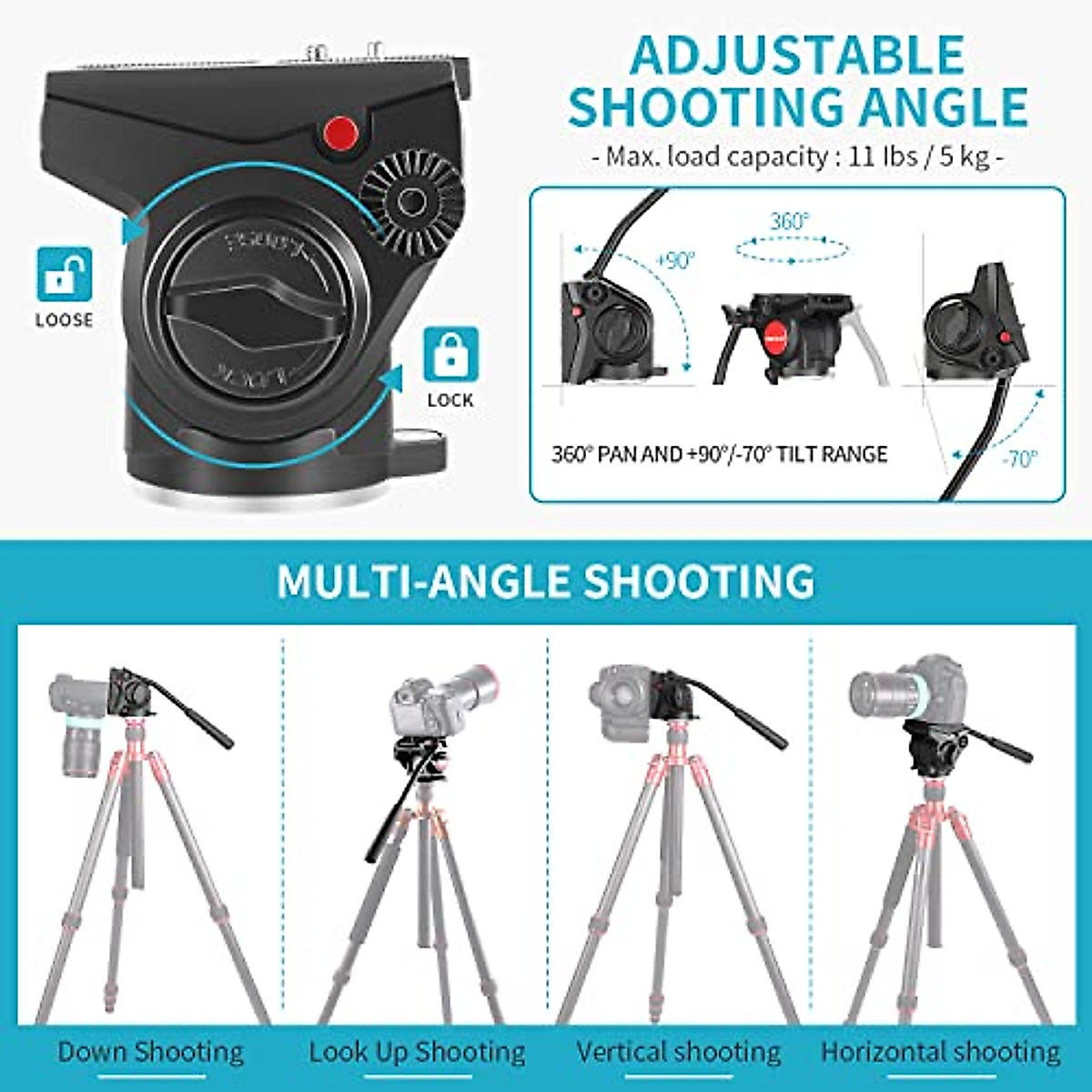 Neewer Metal Heavy Duty Video Camera Tripod Fluid Drag Pan Head with 1/4 and 3/8 inches Screws Sliding Plate for DSLR Cameras Video Camcorders Shooting Filming, up to 11 pounds/5 kilograms