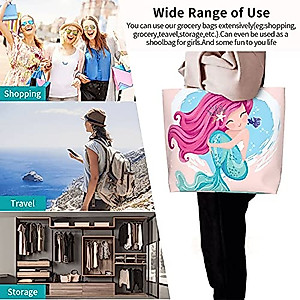 Famame Cute Mermaid Girl Canvas Tote Bag Large Women Casual Shoulder Bag Handbag Reusable Multipurpose Shopping Grocery Bag For Outdoors