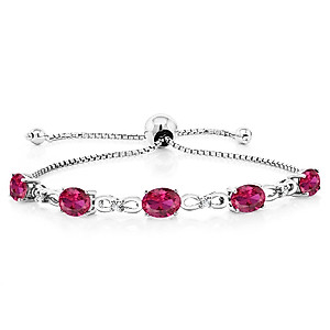 Gem Stone King 925 Sterling Silver Red Created Ruby and White Lab Grown Diamond Tennis Bracelet For Women (4.27 Cttw, Gemstone July Birthstone, Oval 7x5MM, Fully Adjustable Up to 9 Inch)