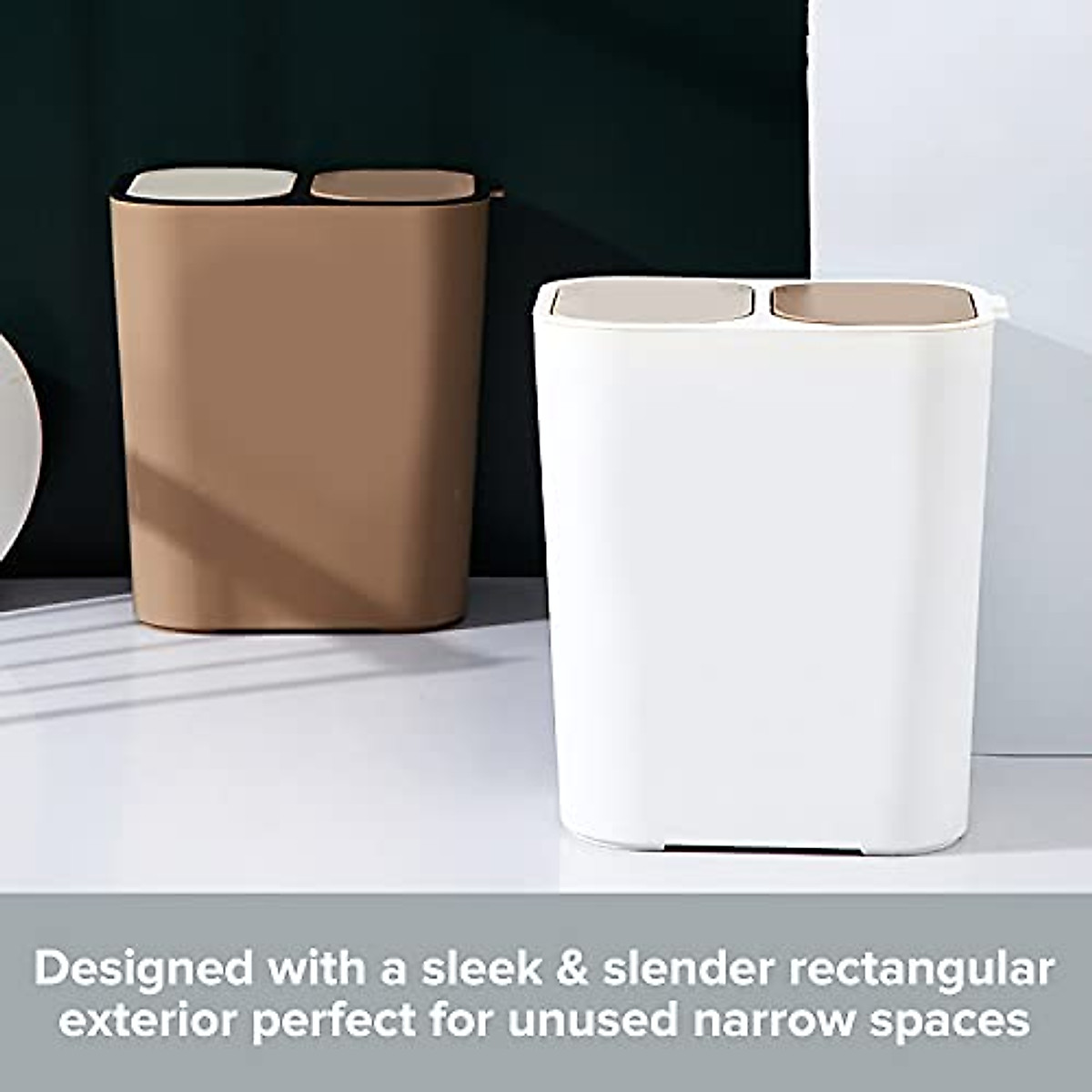Dual Compartment Trash Can - Nordic Style Trash and Recycling Combo - Double Trash Can with Separate Pop Up Trash Bin Lids - Slim Garbage Can - Kitchen Recycle Bin - 10.2x7.1x13.2in White Trash Can
