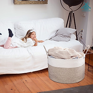 COMMIGLOW XXX-Large Cotton Rope Basket (22”x14”),100% Pure Cotton Woven Laundry Basket for Storage, Blanket Basket for Living Room, Baby and Dog Toy Storage Basket Bin with Handle, Light Brown