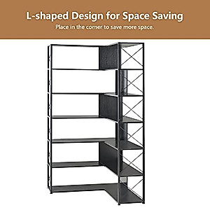 KIVENJAJA 7-Tier Corner Bookshelf, L-Shaped Modern Display Bookcase, Tall Standing Storage Book Shelves with Metal Frame for Living Room Bedroom Office, Black