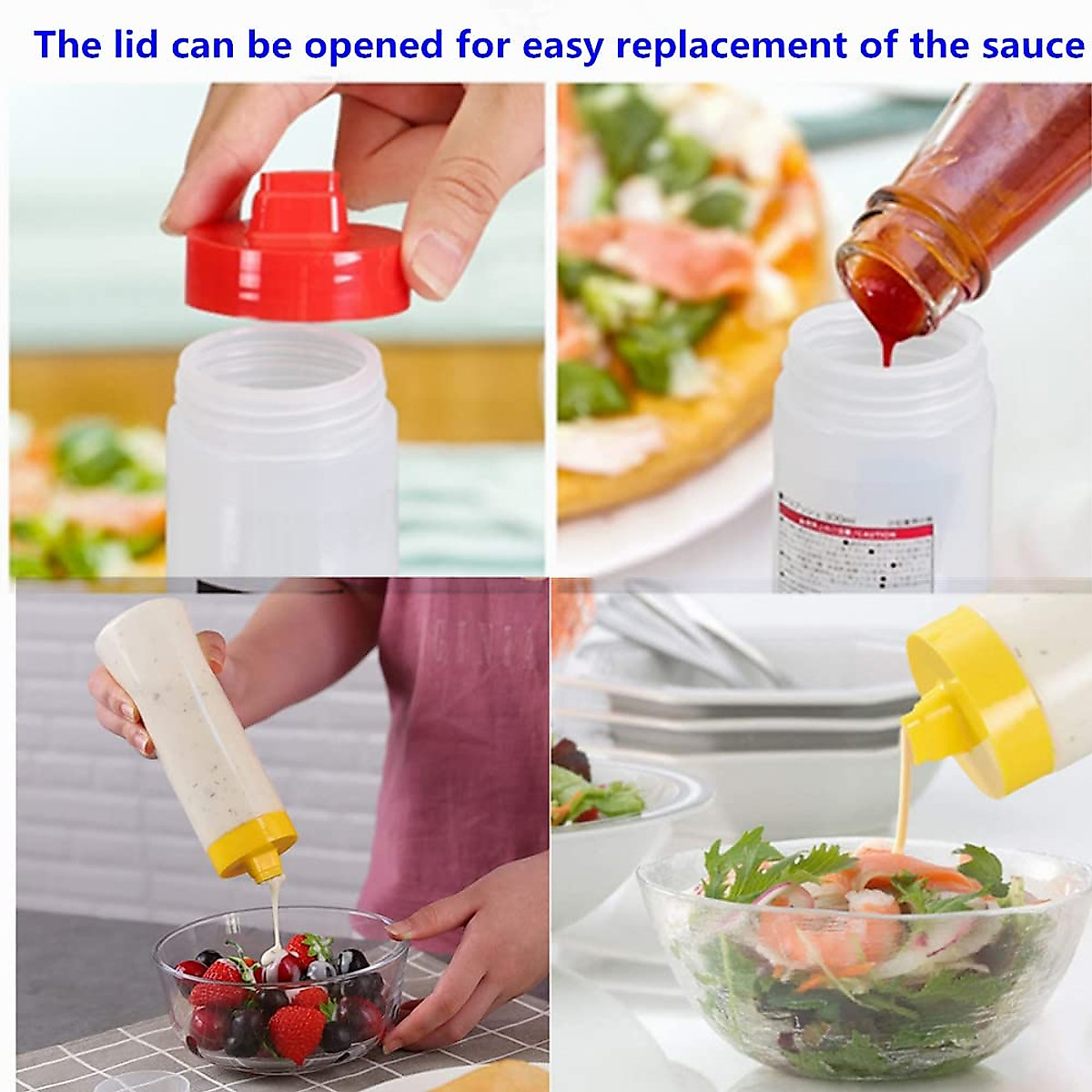 Ebonee 4 Hole Squeeze Sauce Bottle, Jam Squeeze Bottle with Cap Lids for Ketchup, Mayonnaise, Olive Oil, Salad Dressing, Condiment Dispenser (2 Pack)