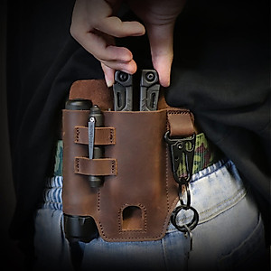 Carimee Multi-Tools Leather Sheath, Brown EDC Belt Organizer with Flashlight Holder, Pen Holder, Multi-Tools Pouch and Key Chain Clip, Multitool Belt Sheath for Work and Daily Use, Ideal Gift for Men