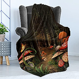 Ambesonne Mushroom Soft Flannel Fleece Throw Blanket, Mushrooms in Deep Dark Forest Fantasy Nature Theme Earth Path, Cozy Plush for Indoor and Outdoor Use, 50" x 70", Pomegranate Green