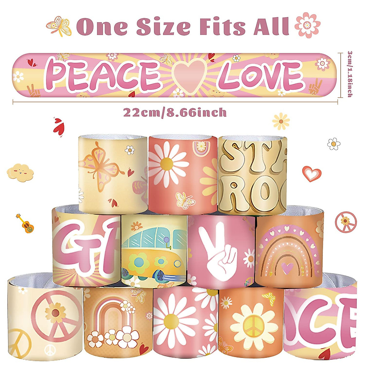 YYMYMGJ 60 Pieces Groovy Slap Bracelets Hippie Boho Wristbands Daisy Flower Peace Rainbow Butterfly and Love Bracelets for 60s 70s Groovy Party Favors Gifts Birthday Party Supplies Decorations