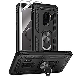 Androgate for Samsung Galaxy S9 Case with HD Screen Protectors, Military-Grade Metal Ring Holder Kickstand 15ft Drop Tested Shockproof Cover Case for Samsung Galaxy S9 (2018), Black
