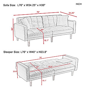 SLEERWAY Modern Futon Sofa Bed, Convertible Sleeper Sofa with Armrests and 2 Pillows, Recliner Couch with 5 Solid Wooden Legs, Twin Size Sofa for Living Room Handpicked Fabric (Light Grey)