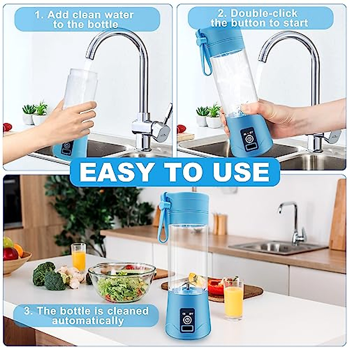 Portable Blender,Personal Blender for Shakes and Smoothies,Personal Size Blenders with USB Rechargeable Mini Fruit Juice Mixer, Mini Juicer Smoothie Blender Bottles Travel 380ML,Blue