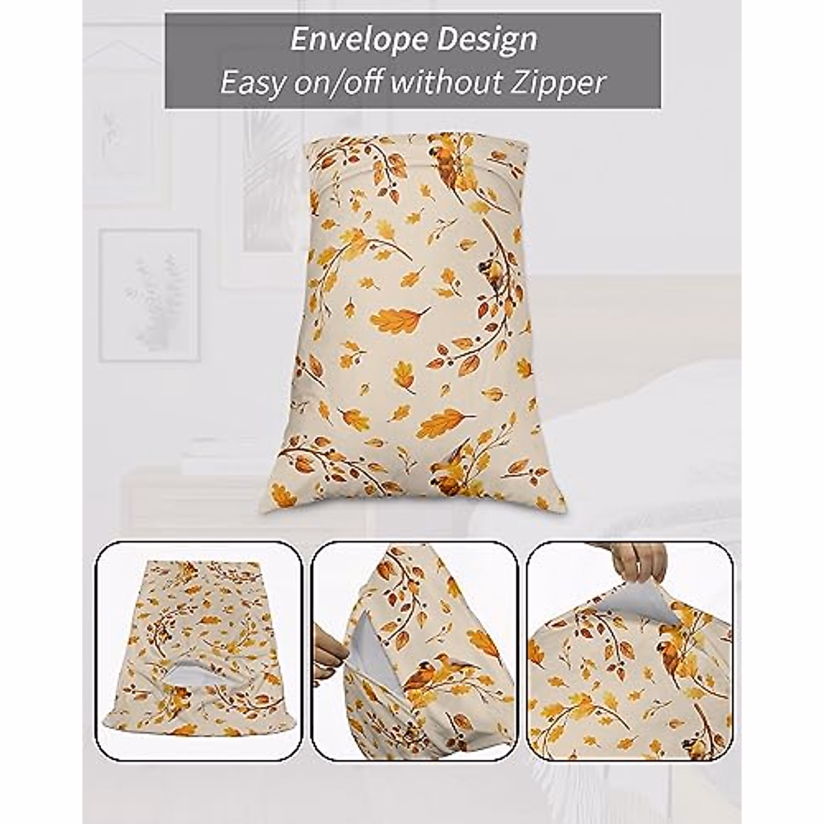 Edwiinsa Autumn Leaves Pillow Covers King Standard Set of 2 Bed Pillow, Farmhouse Fall Forest Maple Birds Plush Soft Comfort for Hair/Skin Cooling Pillowcases with Envelop Closure 20x36 Inches