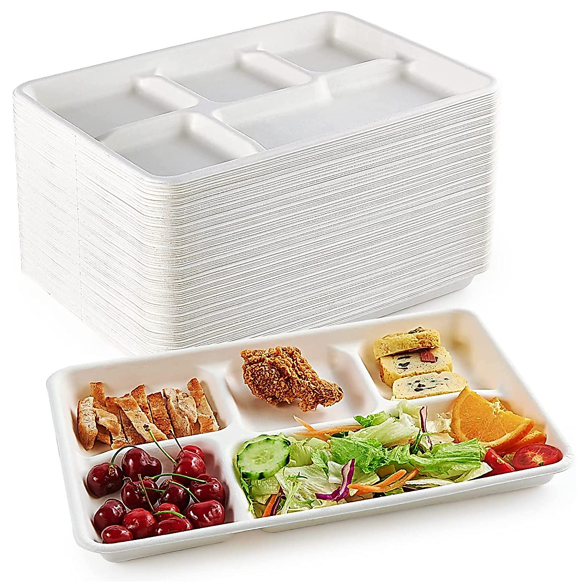 [500 Pack] 5 Compartment Trays, 100% Compostable Paper Plate tray, School Bagasse Lunch trays, Buffet, and Party, Disposable trays with 5 compartment, Biodegradable, Natural (4821011)