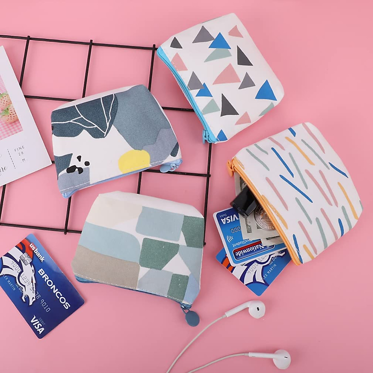 iSuperb Pack of 4 Canvas Coin Purse Change Cash Bag Zipper Small Purse Wallets (Geometric Pattern)