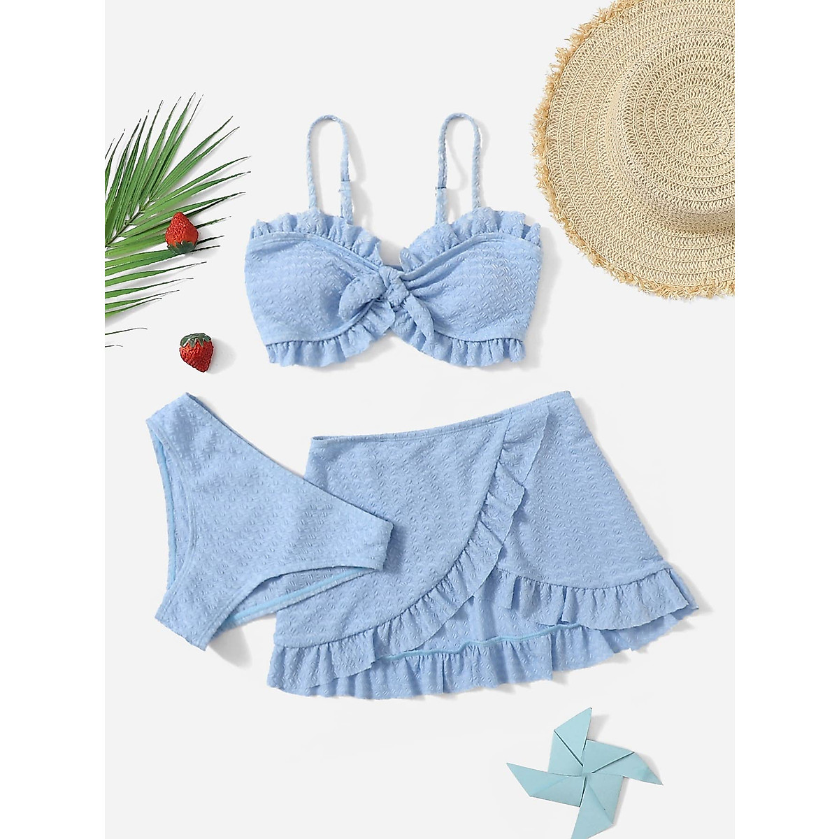 SHENHE Girl's 3 Piece Cute High Waisted Ruffle Trim Swimsuit Bikini Sets with Beach Skirt Light Blue 10Y