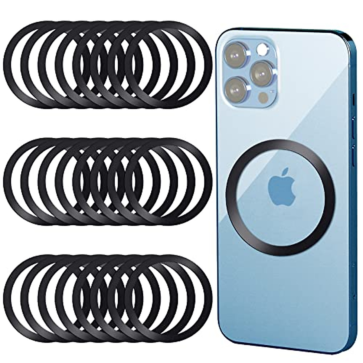 Flutesan 24 Pieces Magnetic Wireless Metal Rings Car Charger with Sticker Universal Metal Rings Compatible with MagSafe Wireless Charger on Most Cellphone (Black)