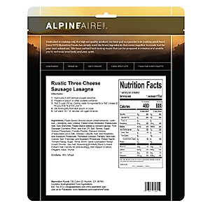 AlpineAire Foods Rustic Three Cheese Sausage Lasagna, Freeze-Dried/Dehydrated, Entrée Meal Pouch, Just add Water, Black