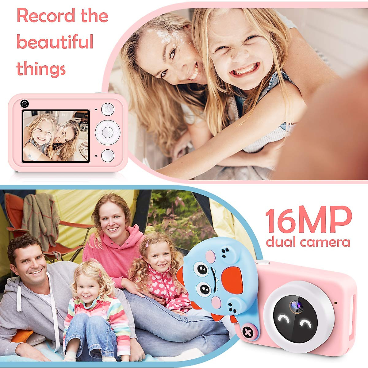 RenFox Kids Camera, 2.4'' 16MP Dual Lens Selfie Camera1080P HD Digital Video Camcorder, Toys and Birthday for Girls Boys Age 3-10, Toddler Beginner Camera with 32GB SD Card - Pink
