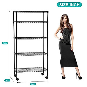 Hudada Storage Shelves 5 Tier Wire Shelving Unit Heavy Duty Metal Shelf with Wheels 30" Lx 14" Wx 60" H Adjustable Layer Rack Utility Shelf Garage Storage Shelves Kitchen Shelf Pantry Shelves