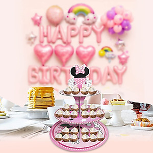 Jouierty Pink Cupcake Stand Cartoon Mouse Cardboard Dessert Tower Serving Tray for Kids Girls Birthday Party Decoration Baby Shower Decor Tea Party Cup Cake Holders Display Table Decorate Supplies