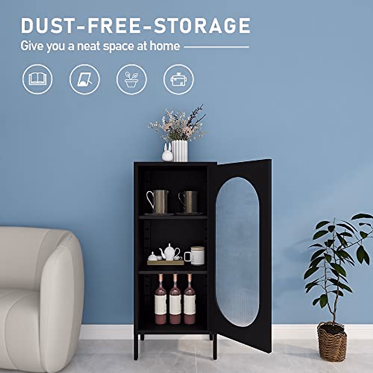 LINGZOE Steel Locker Display Cabinet with Tempered Glass Door,Metal Sideboard Cabinet for Kitchen livingroom Bedroom