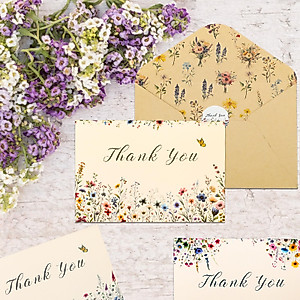 Vnaaem 24 Pack Wildflower Thank You Card with Kraft Envelope Sticker Vintage Floral Thank You Notes for Birthday Wedding Baby Shower Business Bridal Shower Spring Midsummer,4 x 6Inch