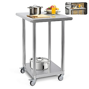 tonchean 24 × 24 × 36in Stainless Steel Workbench with Wheels, NSF Heavy Duty Commercial Workbench with Adjustable Shelves and Caster Brake Cart for Commercial Kitchen, Hotel, Laundry, Storage, Home