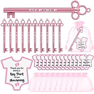 Geyoga 50 Sets Baby Shower Party Favors 50 Fancy Key Shape Pens It's a Girl/ Boy Key Gel Ink Pens 50 Thank You Cards Small Gift Cards 50 Organza Bags for Guests Gender Reveal Party Favors (Pink,Girl)