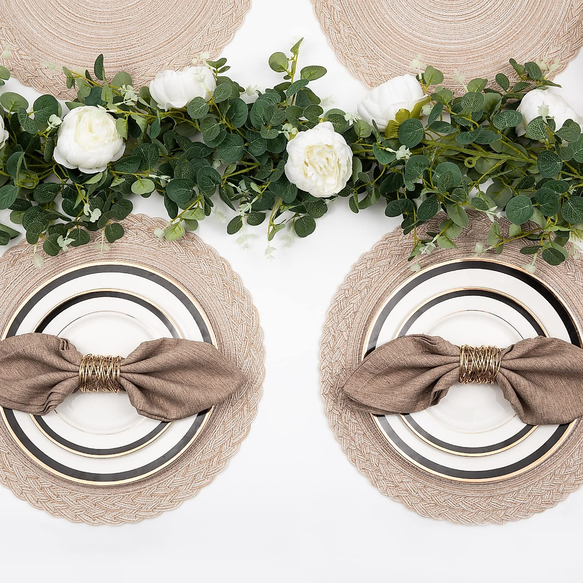 SHACOS Round Placemats Set of 6 Boho Woven Braided Border Table Mats Washable Heat Resistant 15 inch Circle Place Mats for Dining Table, Beige