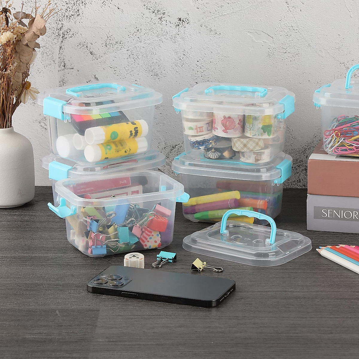 BTSKY 8 Pack Small Clear Plastic Storage Containers-4.5x3.3x2.7 Inch, Portable Mini Storage Box with Lid & Handle Multipurpose Craft Storage Containers for Crayons, Toys, Hair Ties, Beads,etc