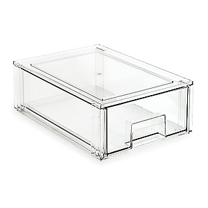Isaac Jacobs Medium Stackable Organizer Drawer (12.5” x 8.3” x 4.1”), Clear Plastic Storage Box, Pull-Out Bin, Home, Office, Closet & Shoe Organization, BPA-Free, Food / Fridge / Freezer Safe (Medium)